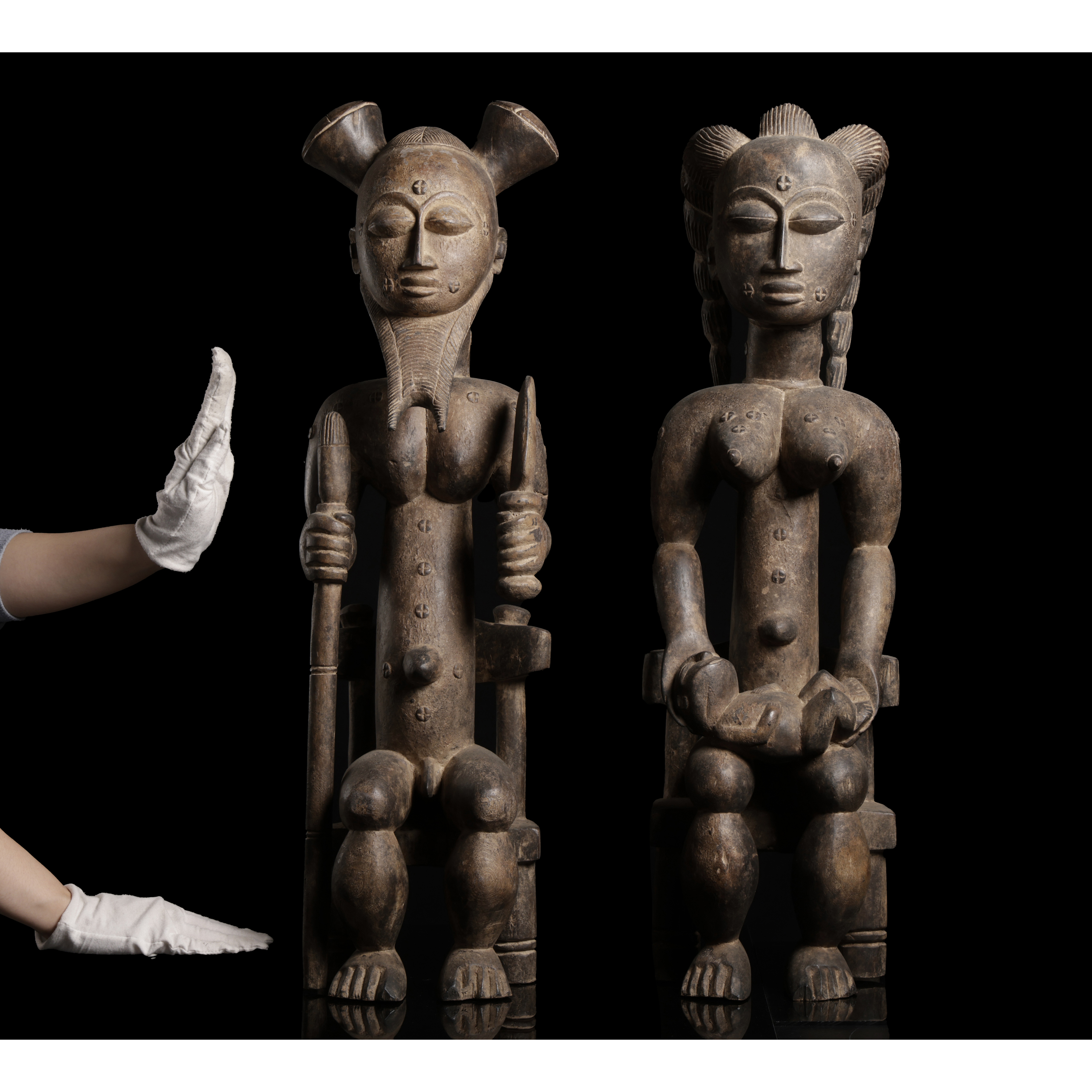 (二拍)紫眼拍賣-百年 非洲 木刻 Tchaman(Ebrie)或Akye(Attie)人物 2件 總重8.5kg 內地絕對無法運送(PH ...