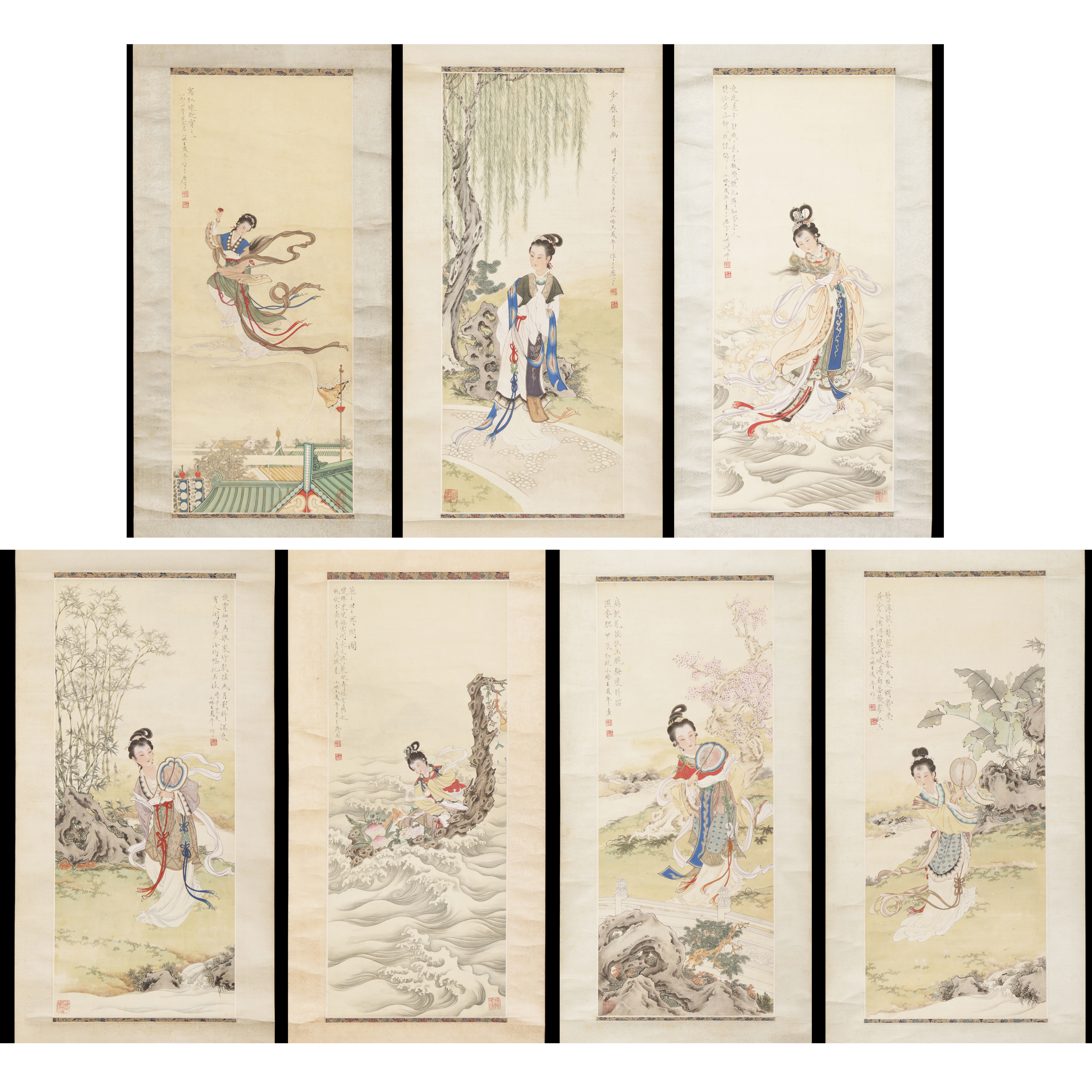 東方拍賣-早期名家工筆水墨 七屏 七仙女 王鳳年 絹本 (EA-XAQL01)TN - 補破網藝術文物拍賣